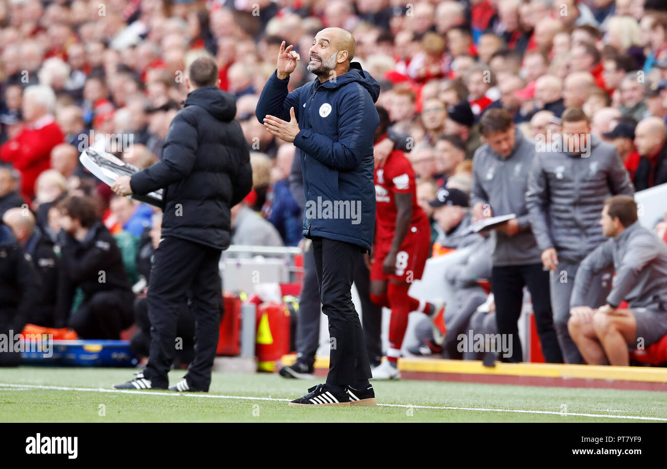 Manchester City manager Pep Guardiola gestures on the touchline during ...