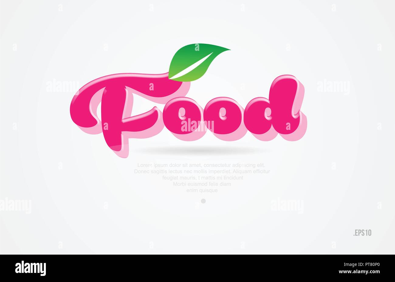 food 3d word with a green leaf and pink color on white background ...