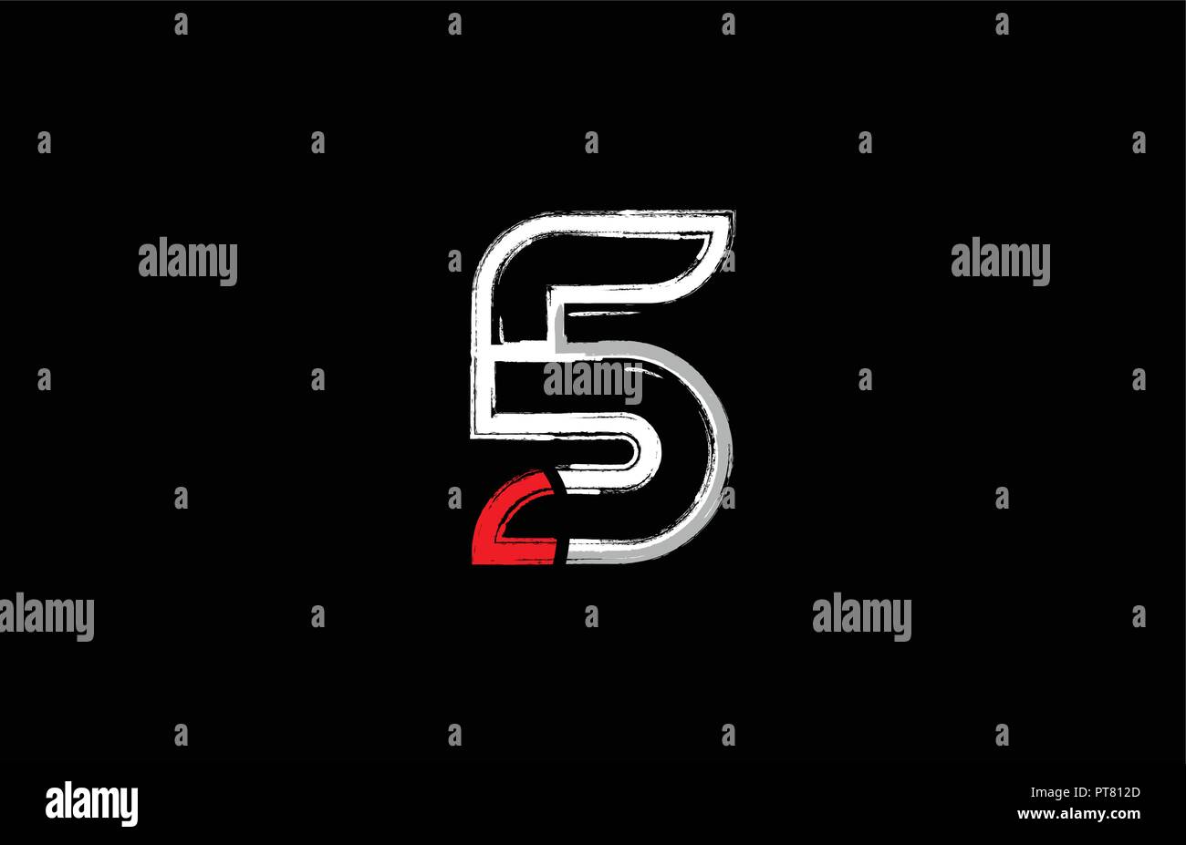 grunge alphabet number 5 logo design in white red and black colors ...
