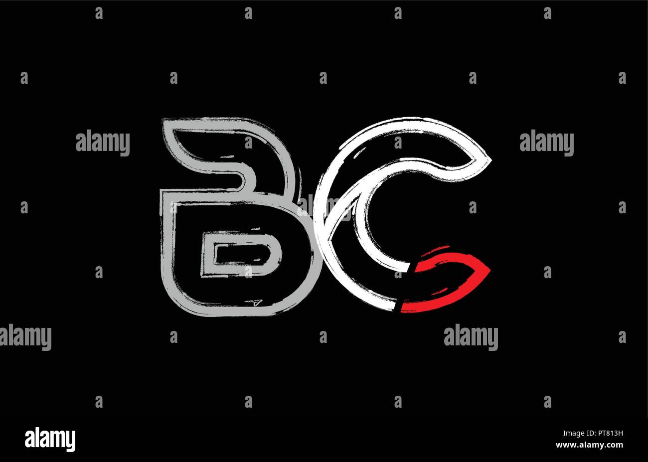 grunge alphabet letter combination bc b c logo design in white red and ...