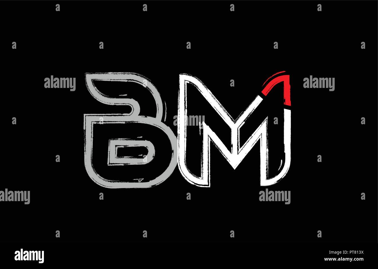 grunge alphabet letter combination bm b m logo design in white red and ...