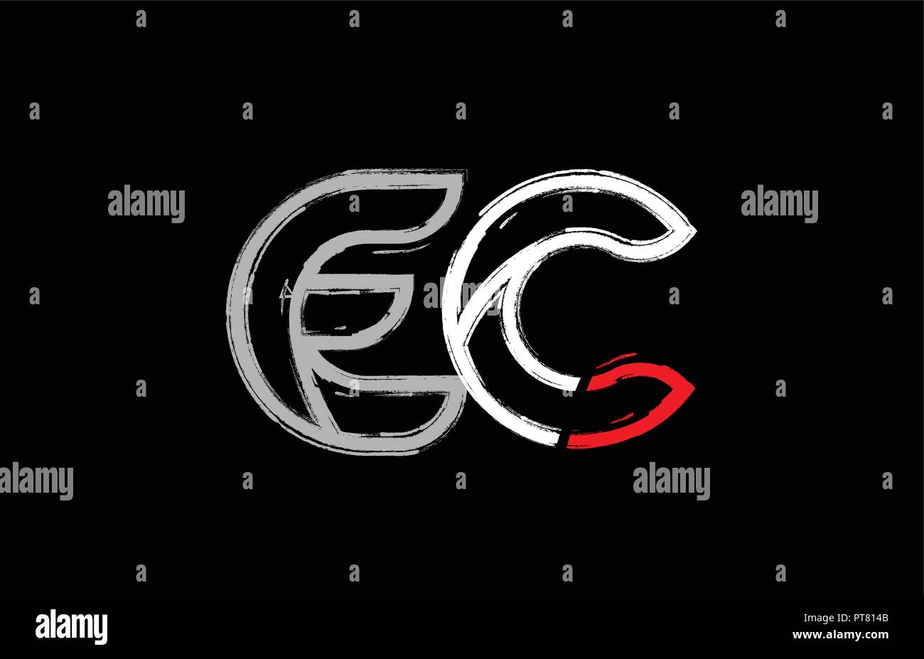 grunge alphabet letter combination ec e c logo design in white red and ...
