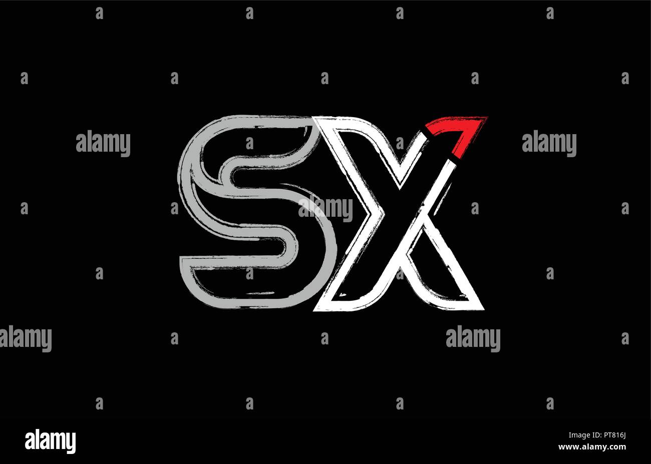 grunge alphabet letter combination sx s x logo design in white red and ...