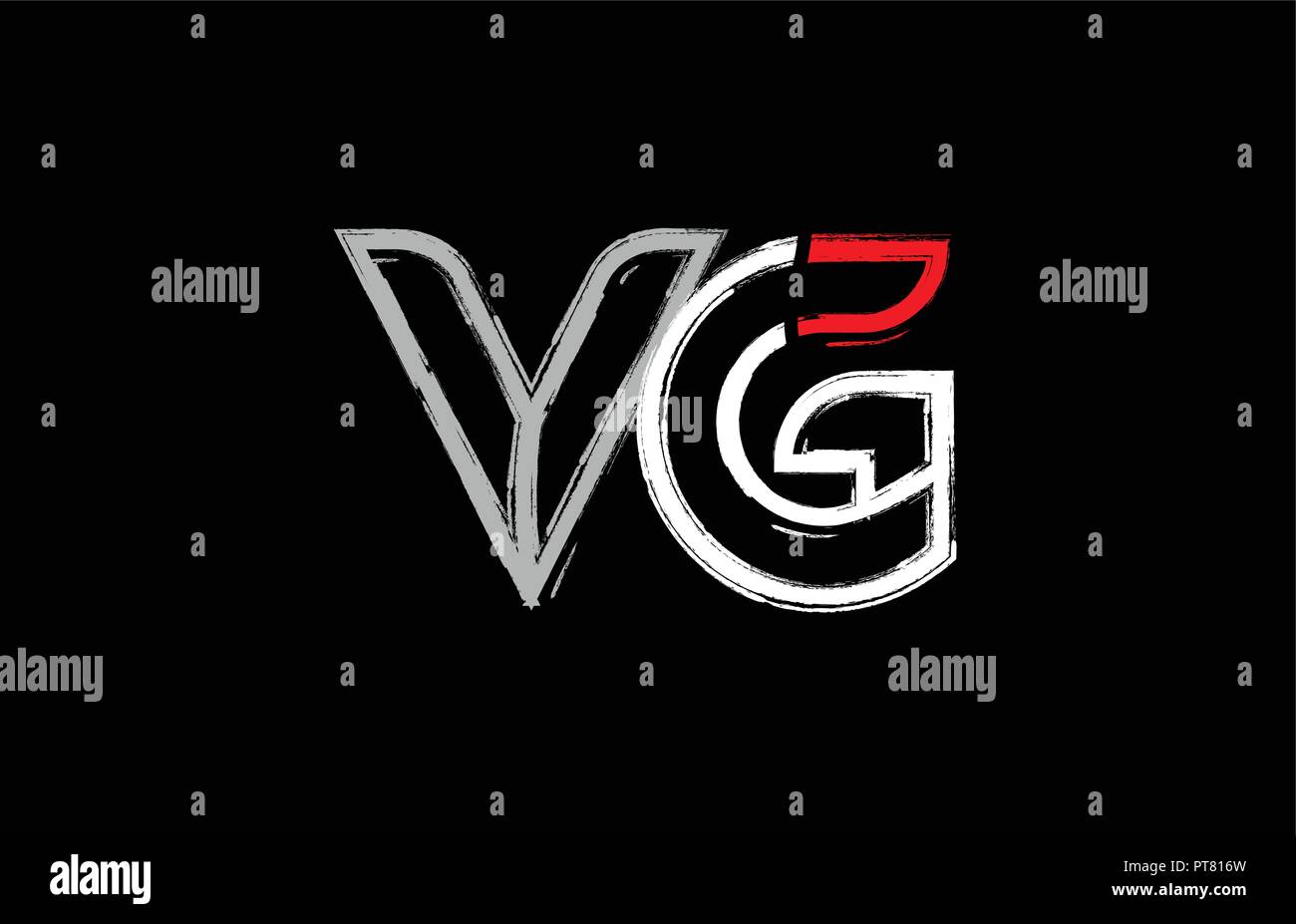 grunge alphabet letter combination vg v g logo design in white red and ...