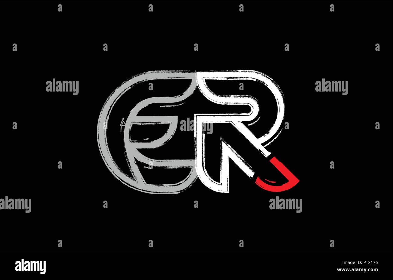 grunge alphabet letter combination er e r logo design in white red and ...