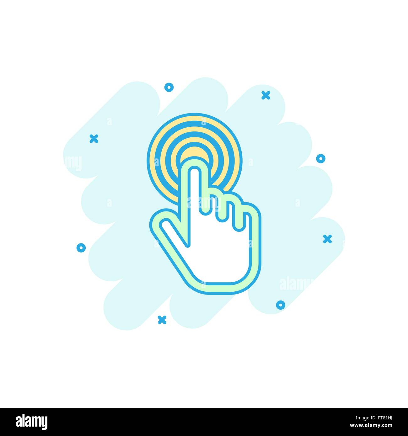 Cartoon colored click hand icon in comic style. Cursor finger ...