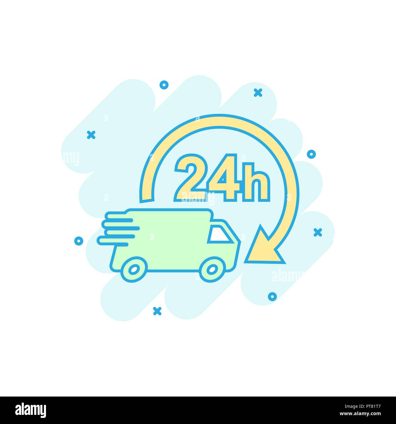 Cartoon colored delivery truck 24h icon in comic style. 24 hours fast ...