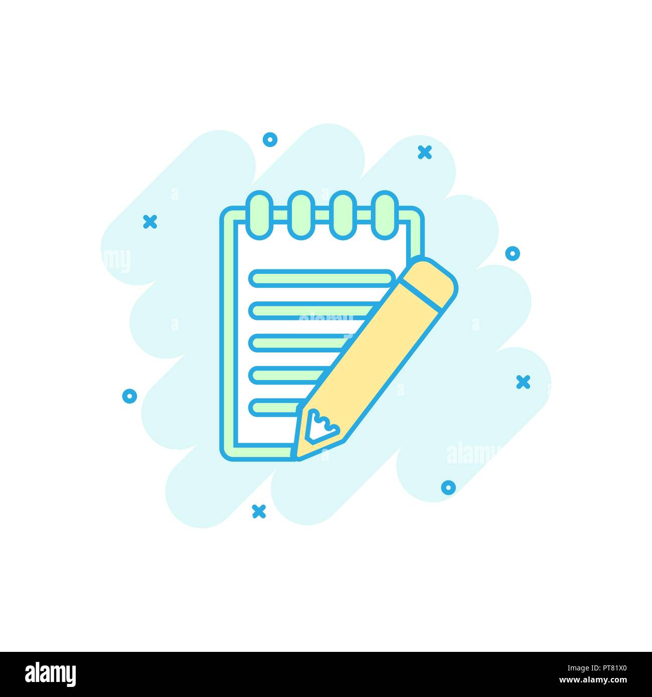 Cartoon colored document with pencil icon in comic style. Note ...
