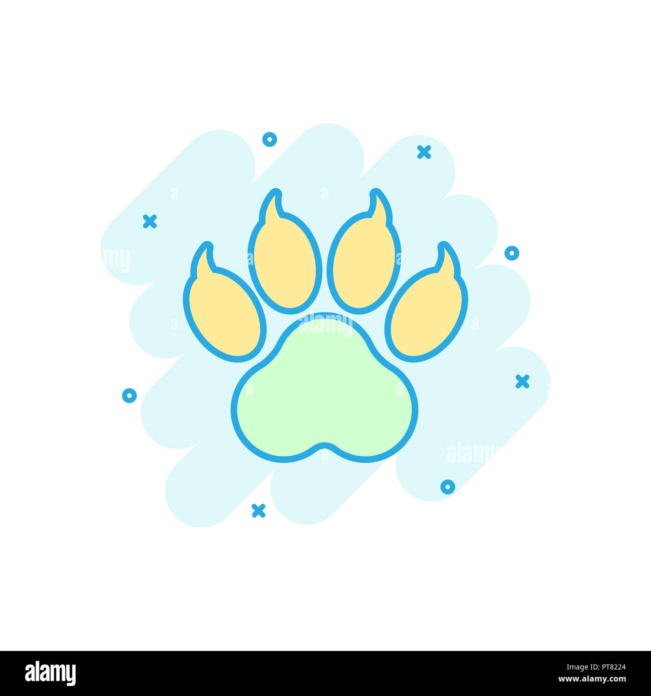 Cartoon colored paw print icon in comic style. Dog, cat, bear paw ...