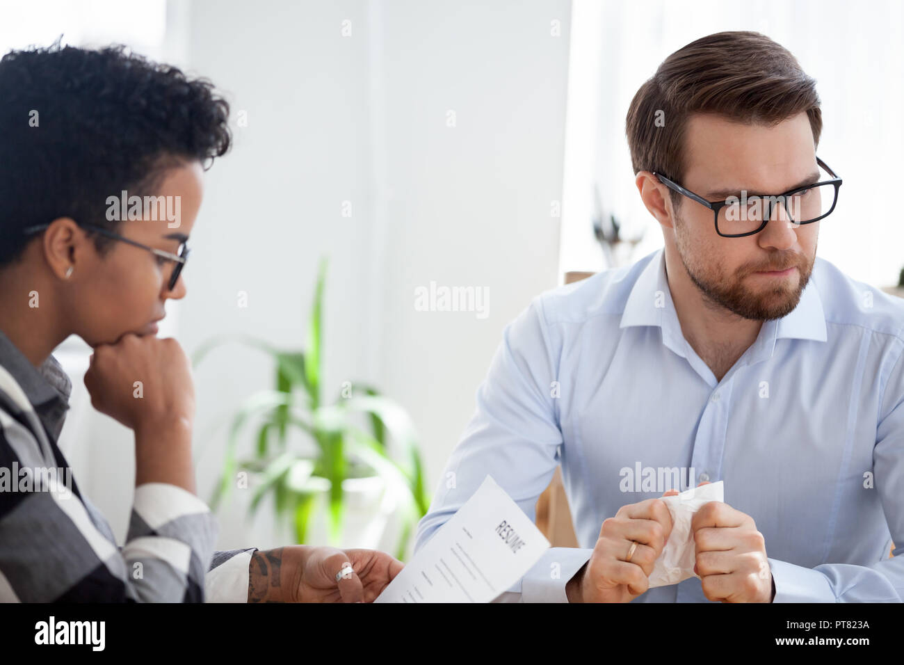 Stressed candidate man and boss during job interview Stock Photo - Alamy