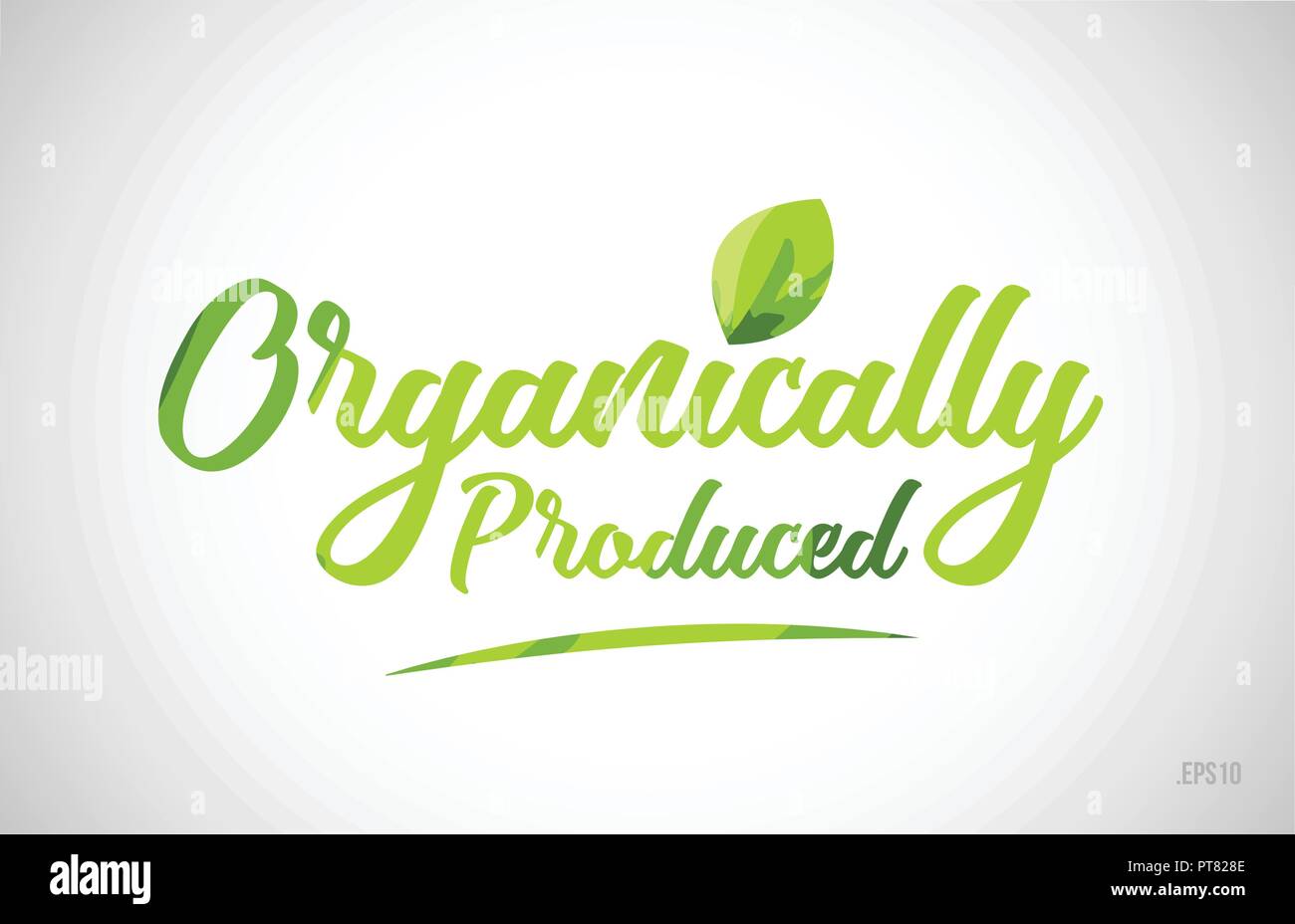 organically produced green leaf word on white background suitable for ...