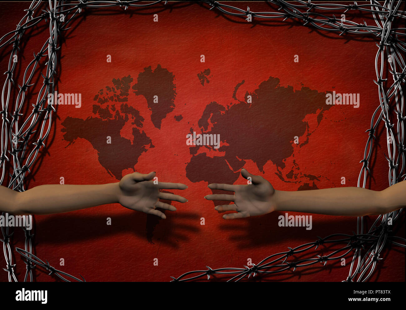 Human hands and barbed wire. World's map background Stock Photo - Alamy