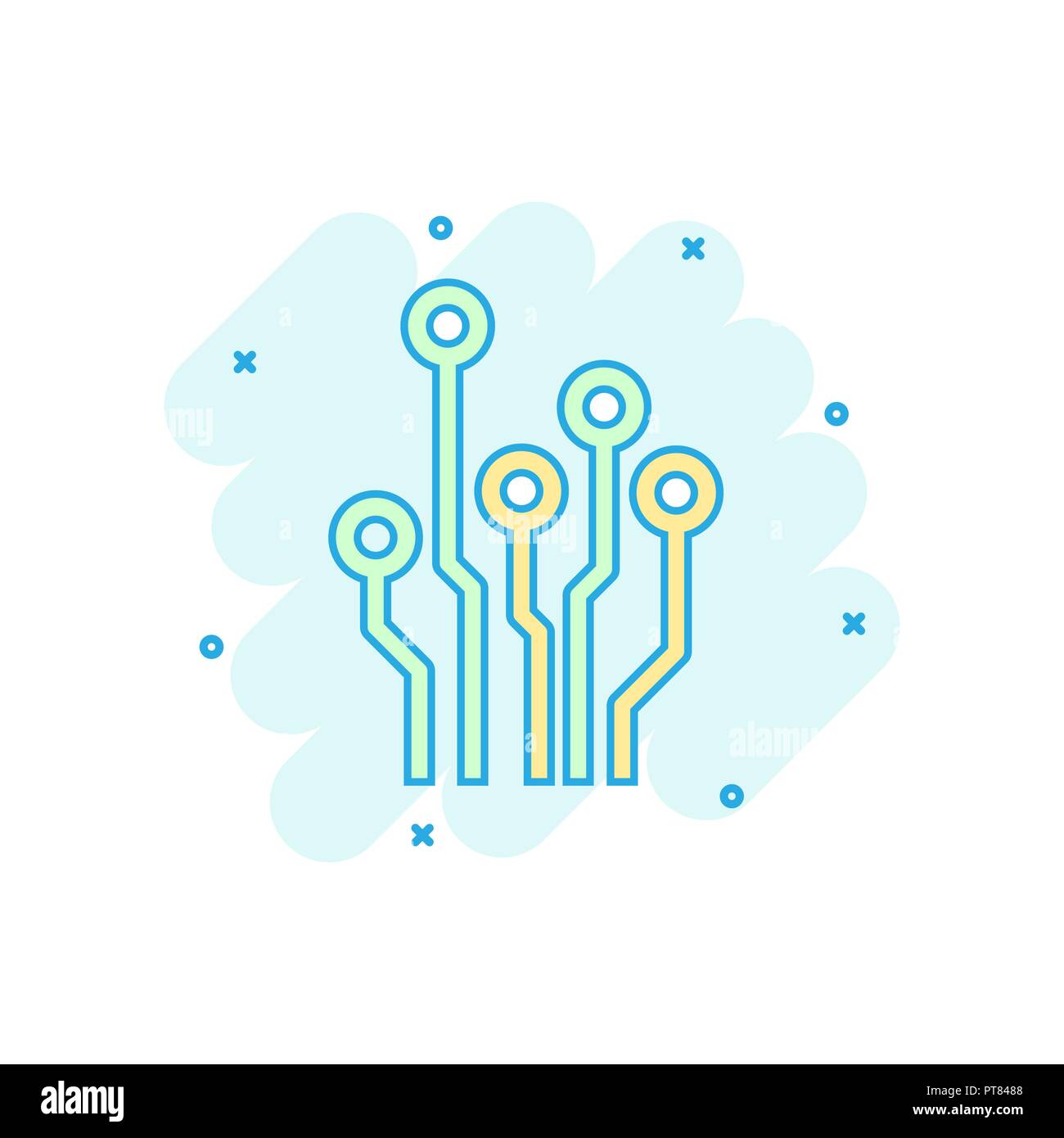 Cartoon colored circuit board icon in comic style. Technology scheme ...