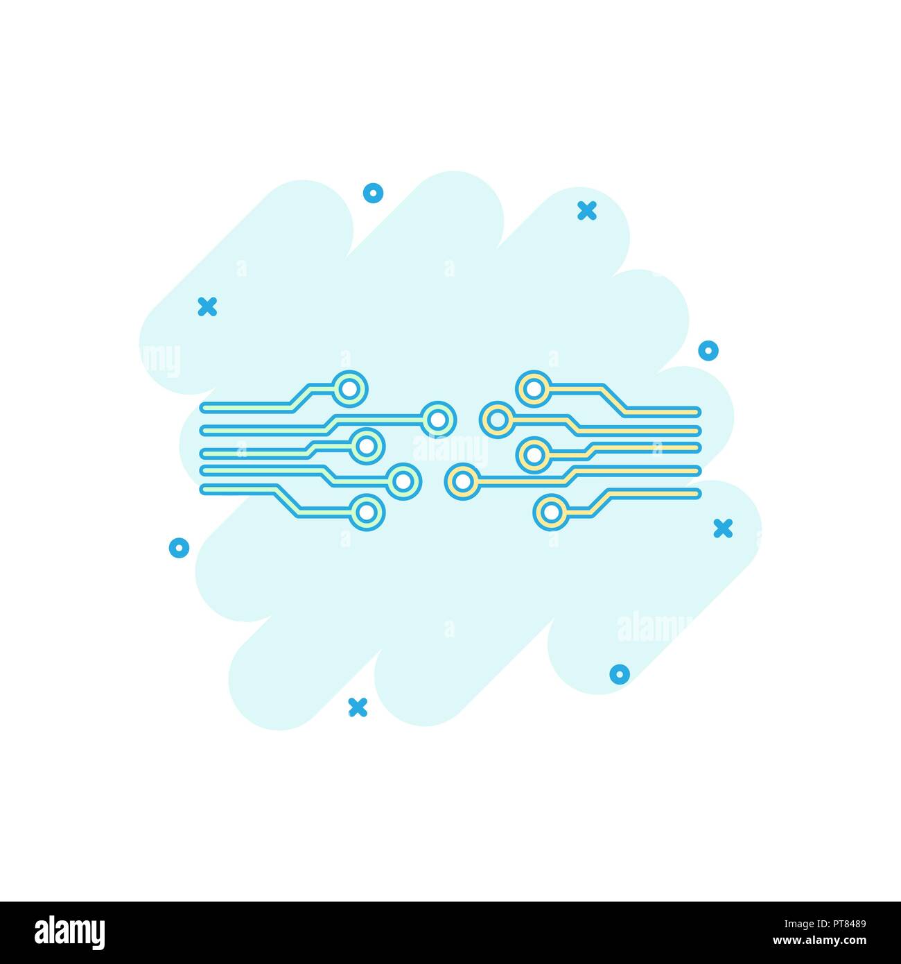 Cartoon colored circuit board icon in comic style. Technology scheme ...