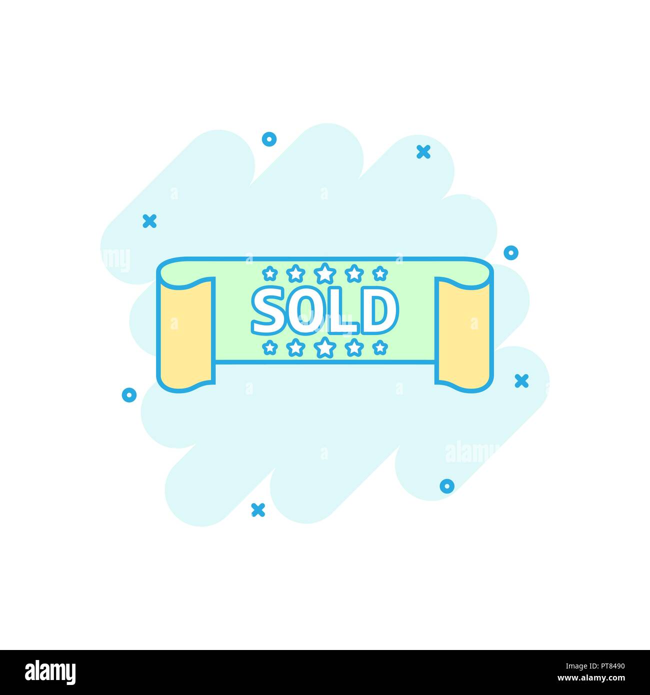 Cartoon colored sold ribbon icon in comic style. Discount sticker ...