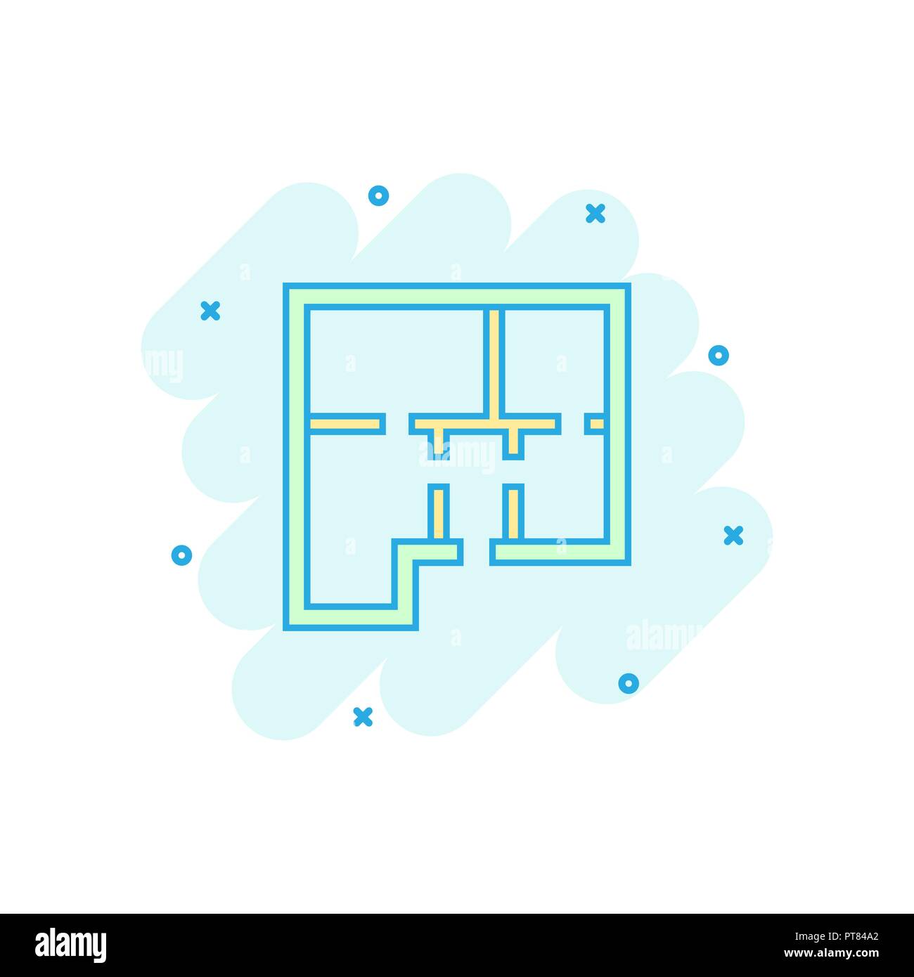 Vector cartoon house plan icon in comic style. Architect scheme sign ...