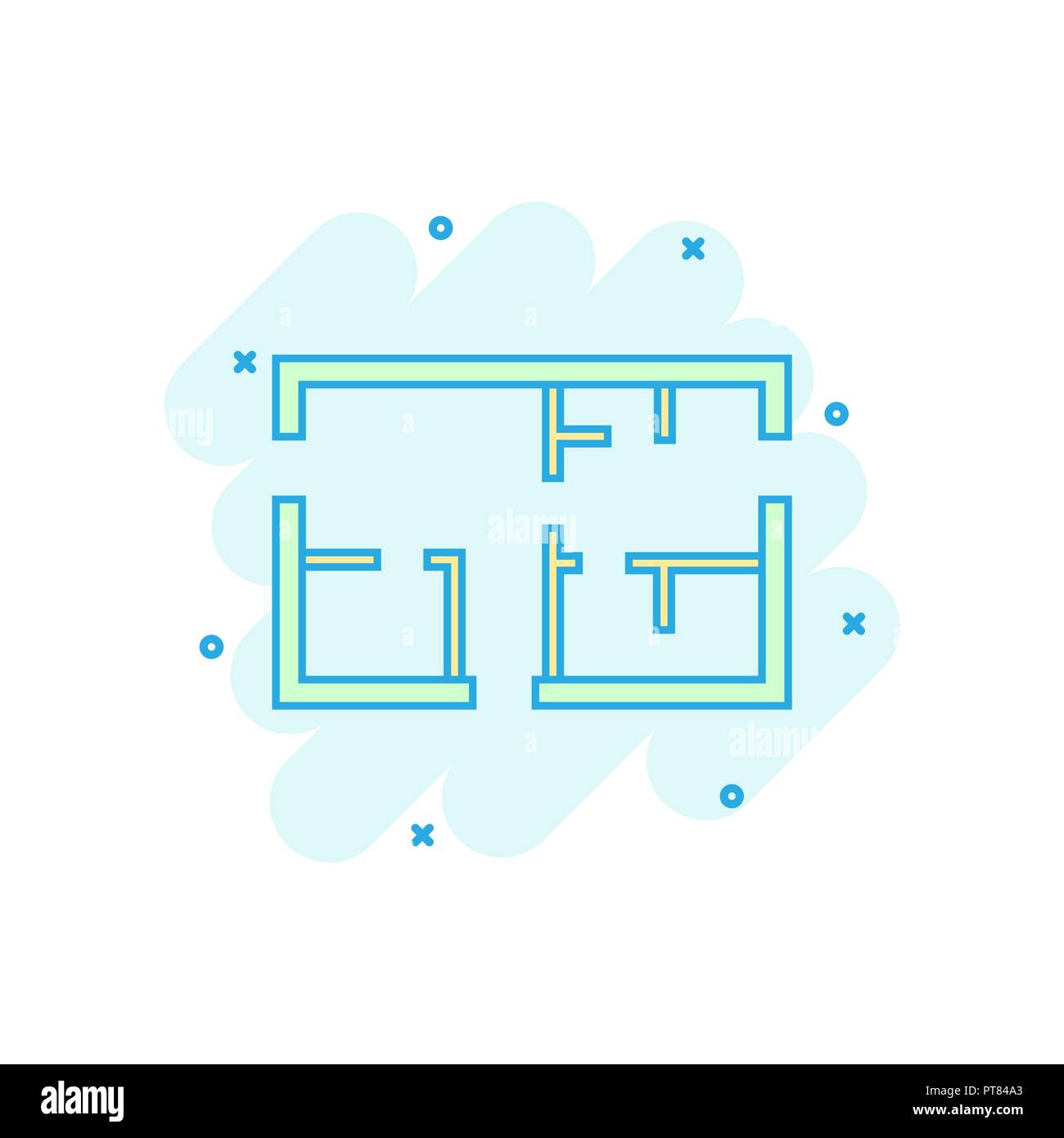 Vector cartoon house plan icon in comic style. Architect scheme sign ...