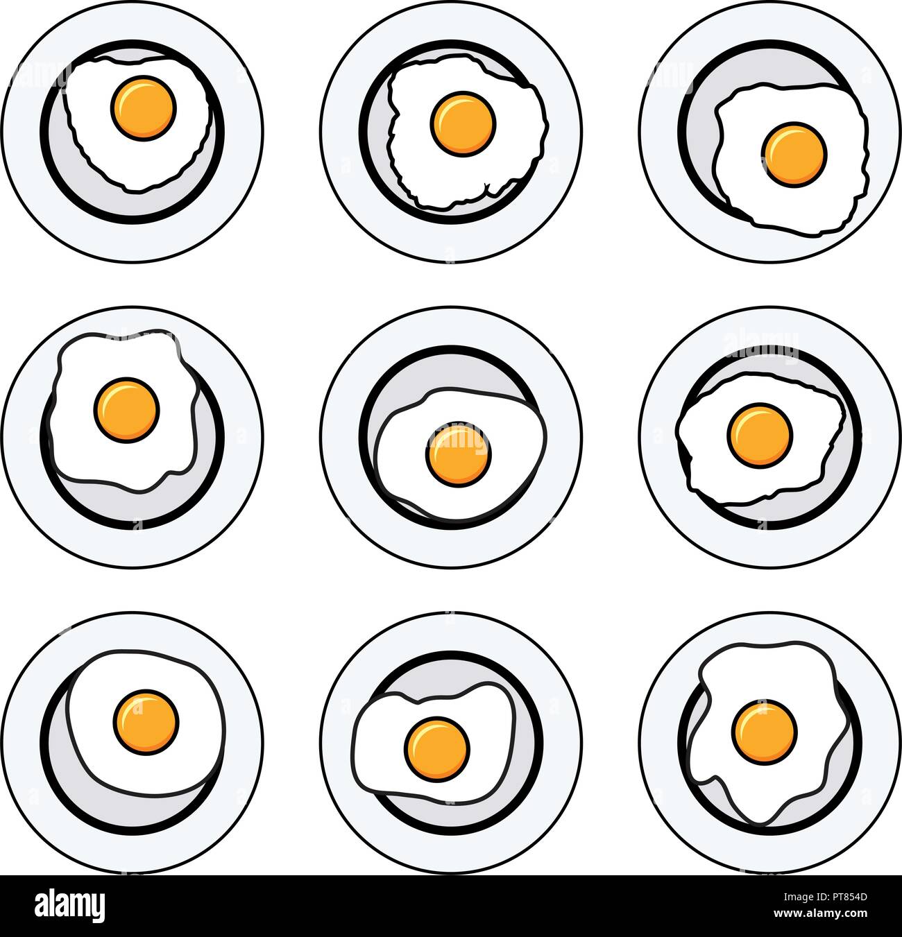 vector set of delicious fried eggs on plates for breakfast. flat egg ...