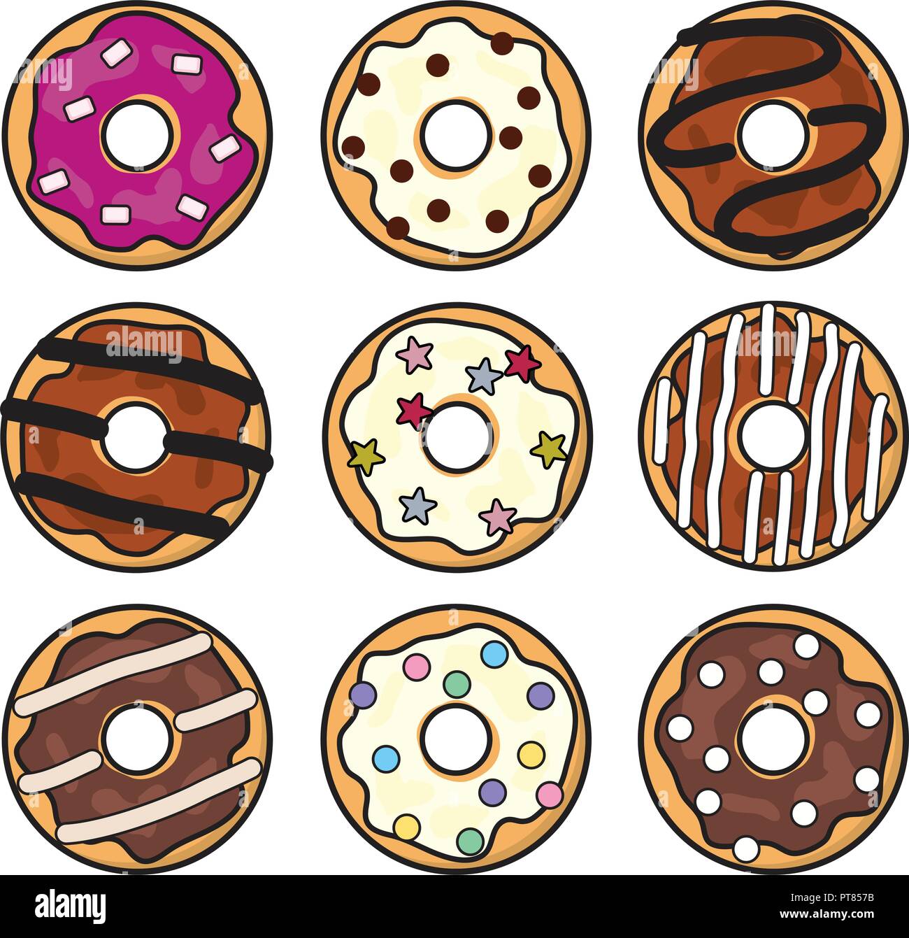 vector modern flat style icons of glazed colorful donuts with glaze ...