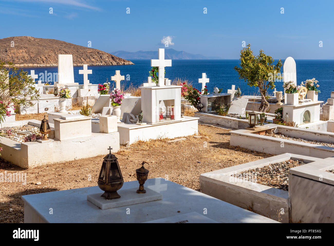 Greek cemetery with a view of the sea on the island of Serifos. Greece ...