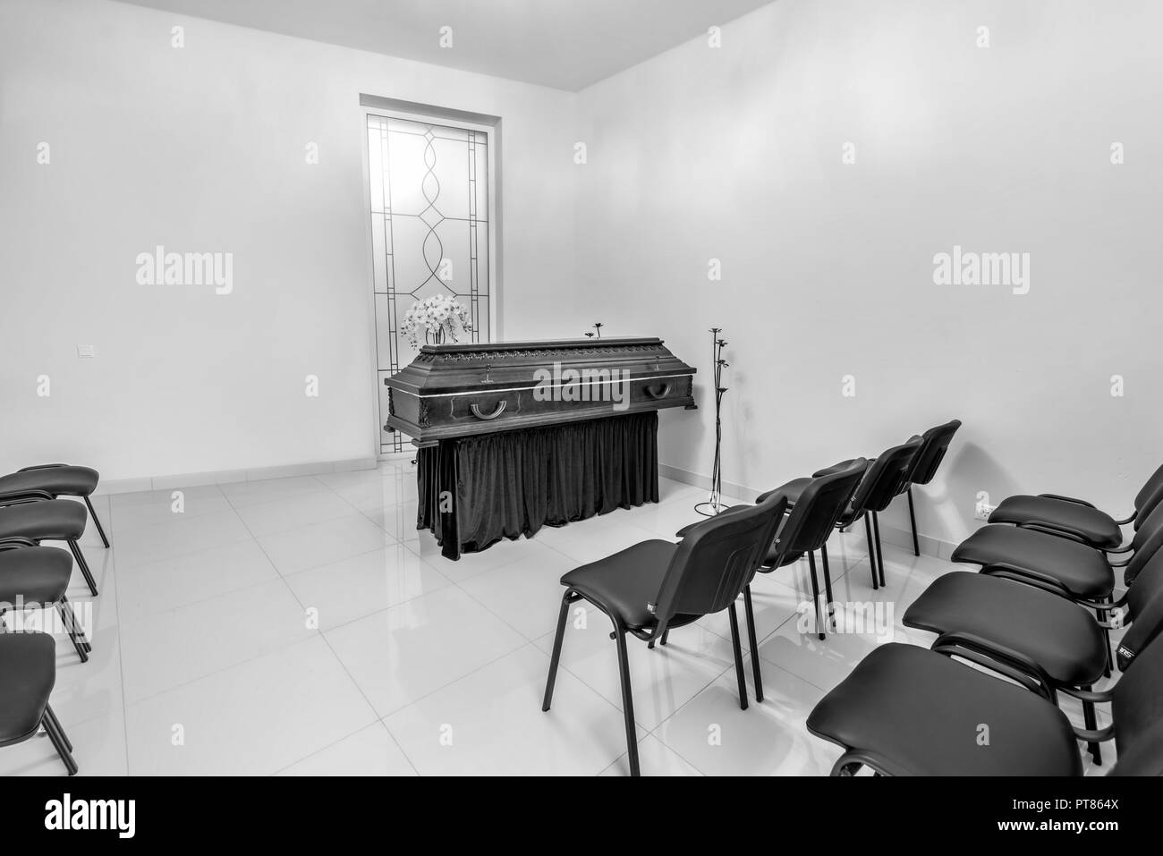 Black and white interior of the funeral home with coffin Stock Photo ...