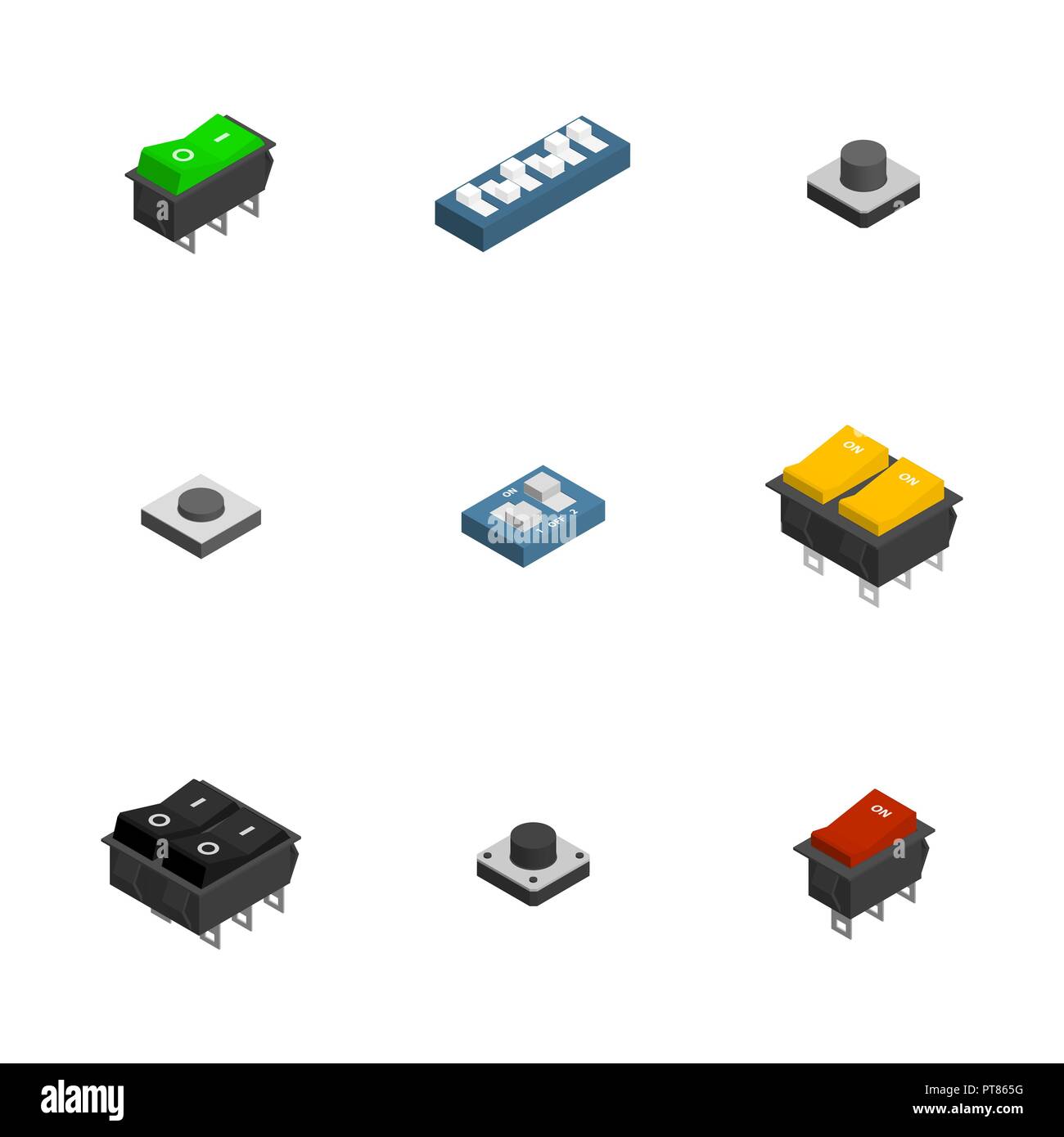 Set of different electric buttons and switches isolated on white ...