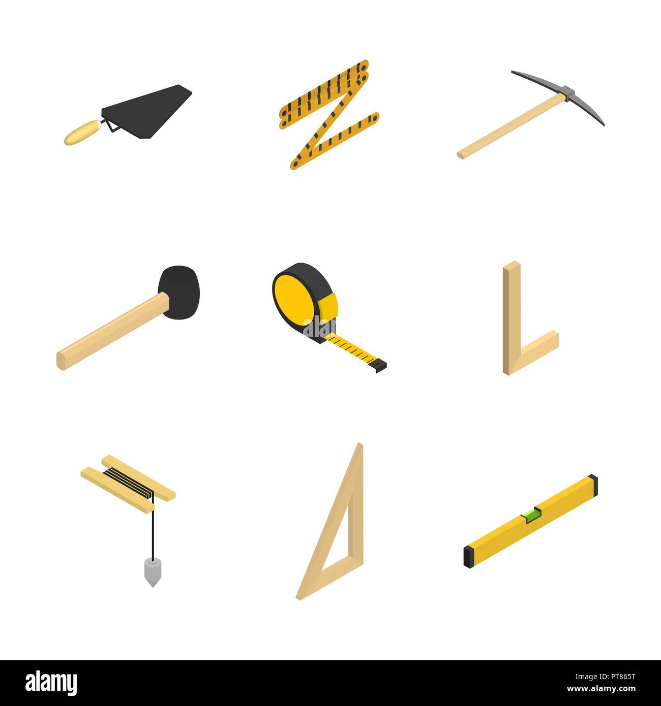 Set icons of a bricklayer tool isolated on white background. Flat 3d ...