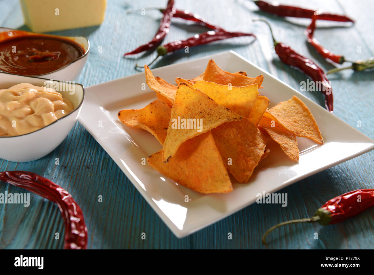 Nachos with dips hi-res stock photography and images - Alamy