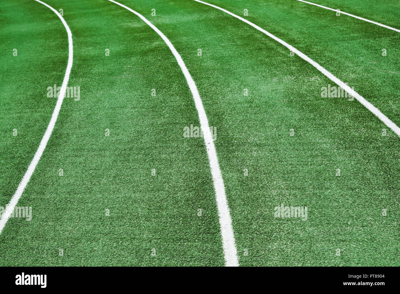 Empty running track with an artificial turf field and white lines Stock ...