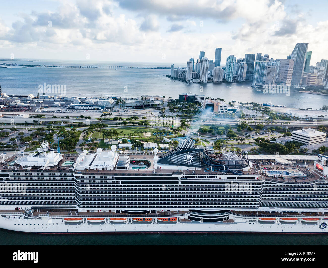 Aerial view of MSC Seaside super Cruise ship at Miami, Florida Stock ...