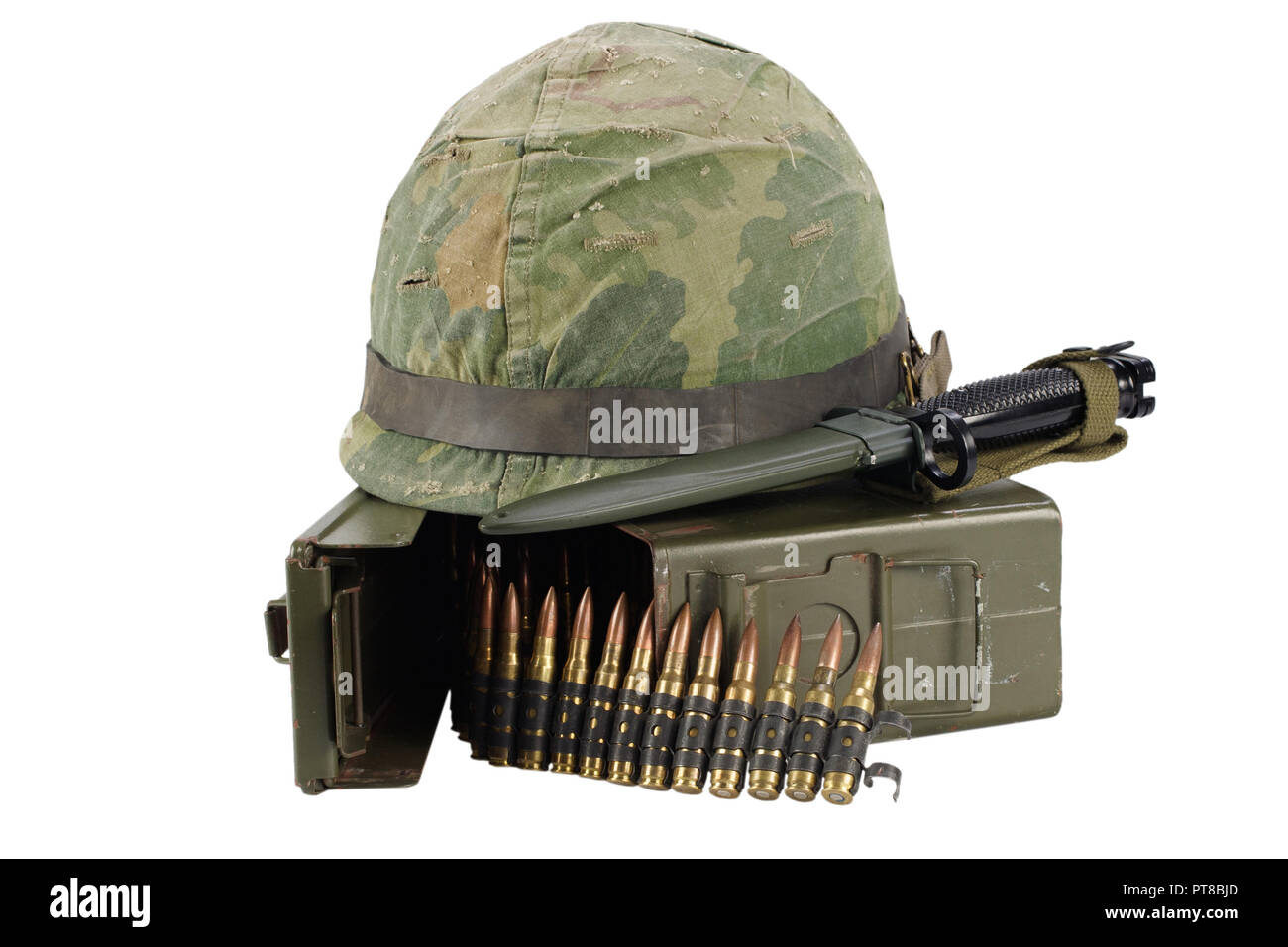 Green Ammo Box with ammunition belt and helmet isolated on white ...