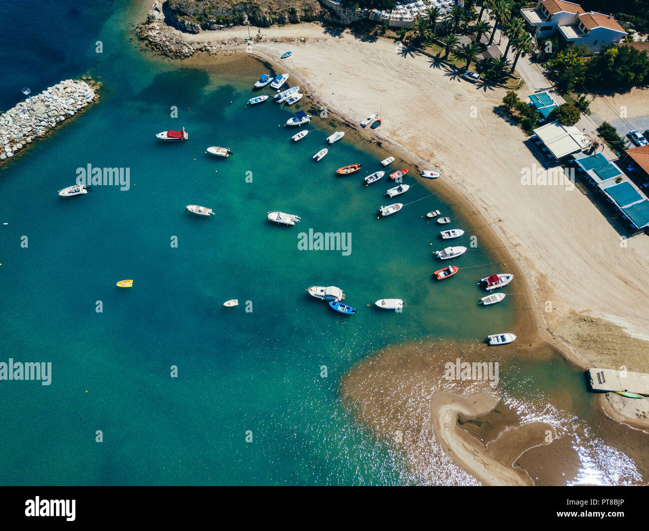Landscape with boats in marina bay. Top view of harbor with sailboat ...