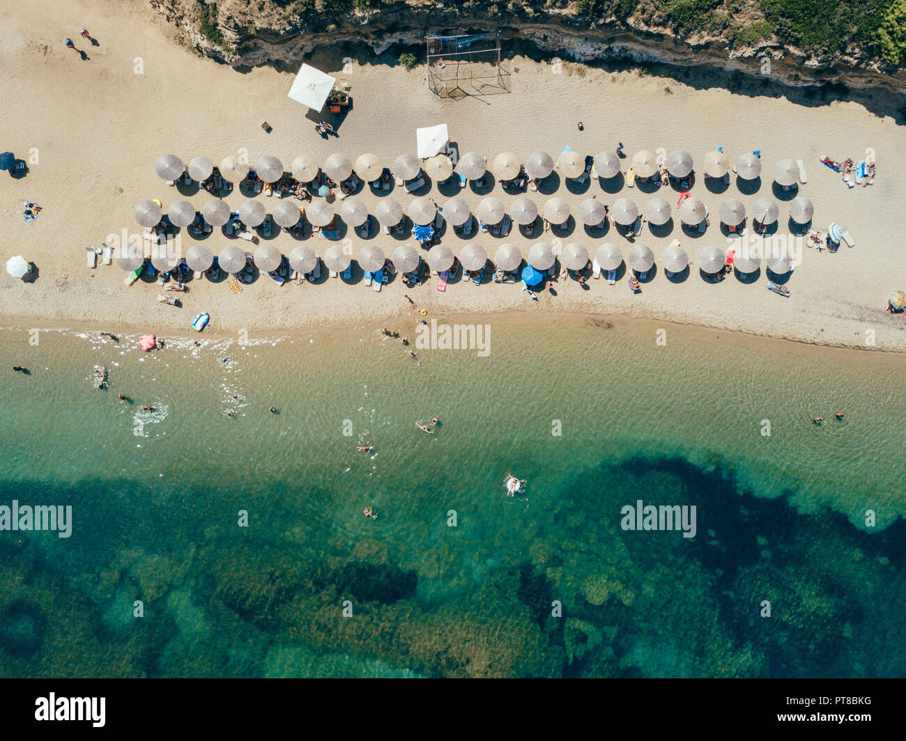 Beach with sun beds, view from above Stock Photo - Alamy