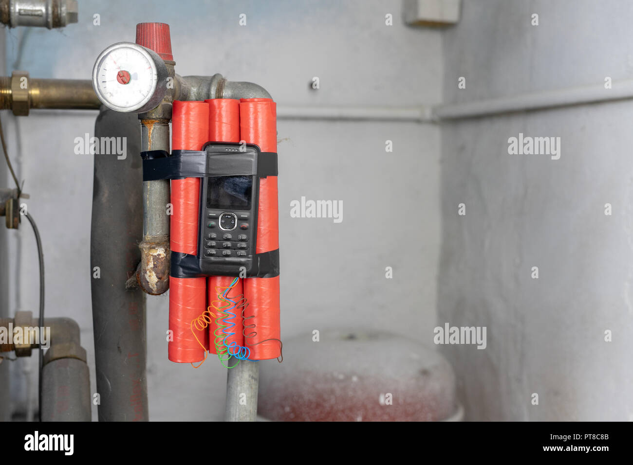 Dynamite sticks with time igniter. Explosive material with ignition ...