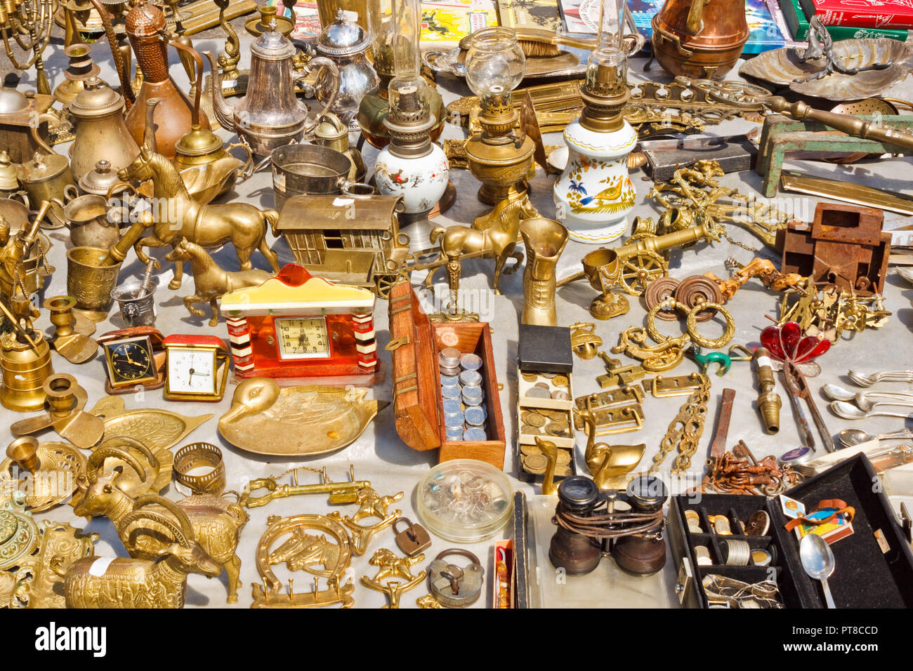 Lviv, Ukraine - July 10, 2015: Various things made of yellow metals for ...