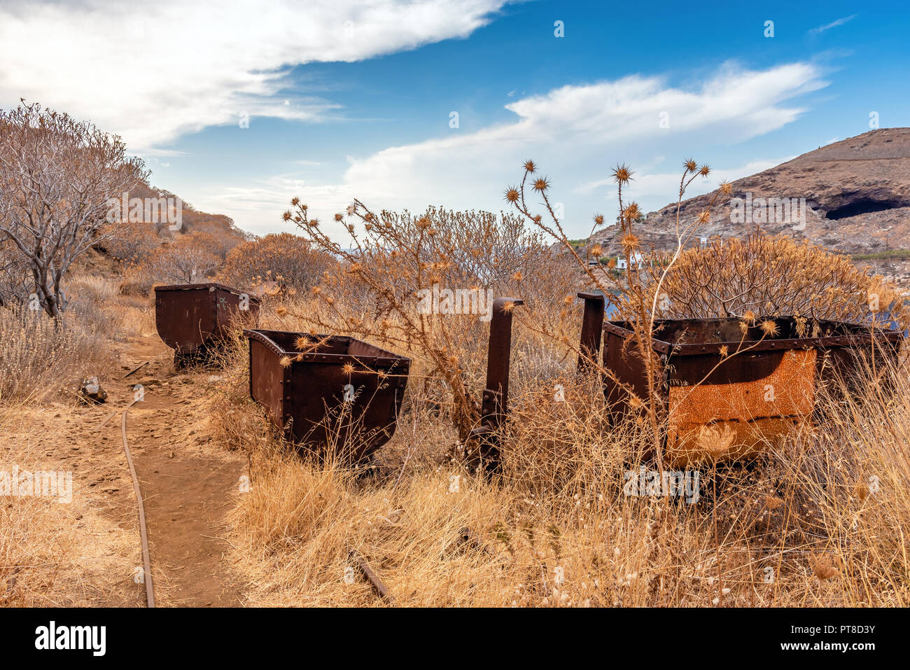 Mining wagons at Megalo Livadi in Serifos. Cyclades islands, Greece ...