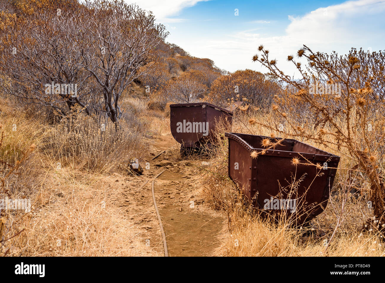 Mining wagons at Megalo Livadi in Serifos. Cyclades islands, Greece ...