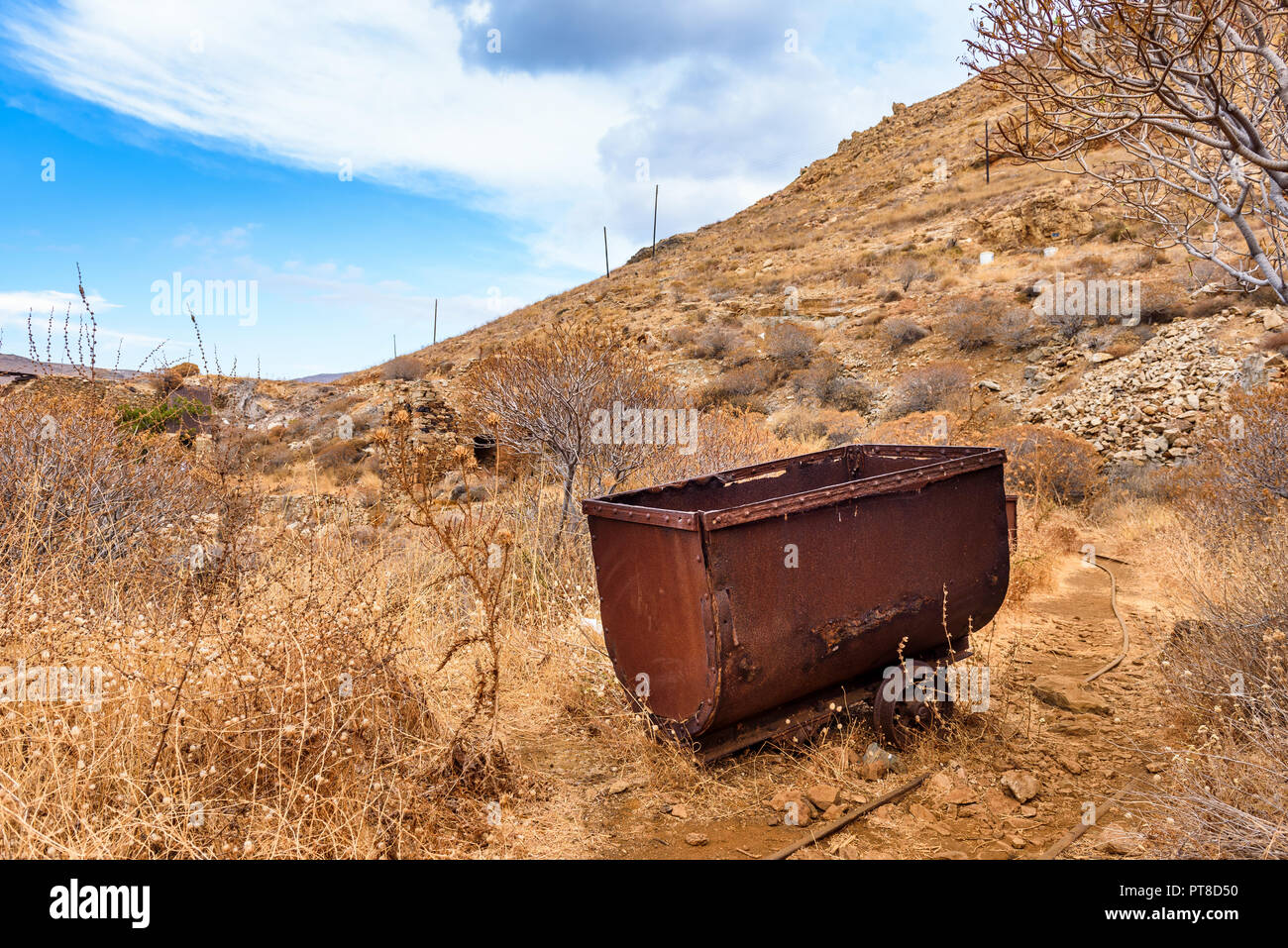 Mining wagon at Megalo Livadi in Serifos. Cyclades islands, Greece ...