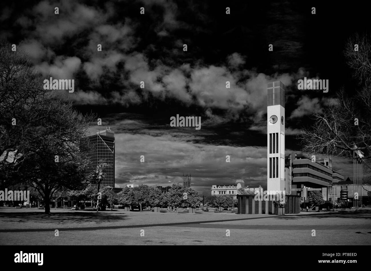 Clock tower in the town square at Palmerston North against a cloudy ...