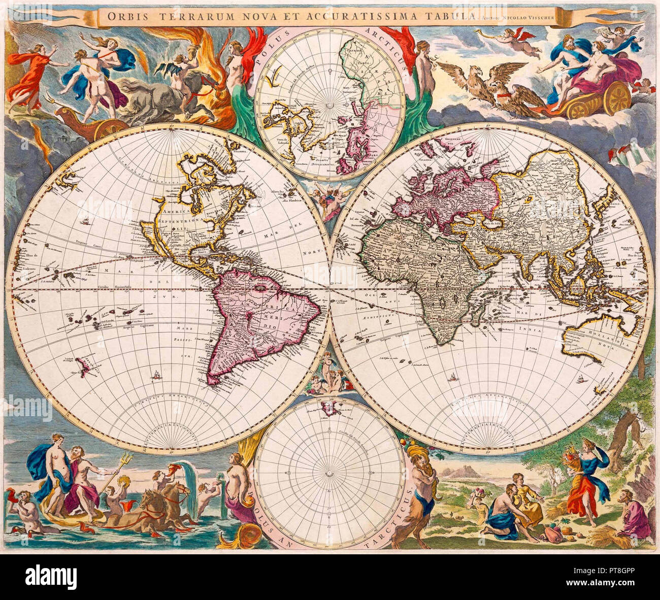 Engraved double-hemisphere map of the world by Nicolaes Visscher in ...