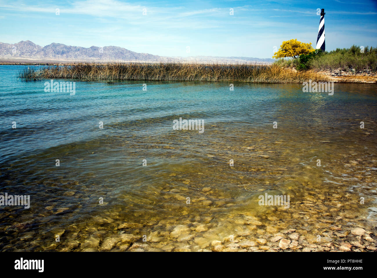 Miniature lighthouse on the shore of Lake Havasu near Lake Havasu City ...