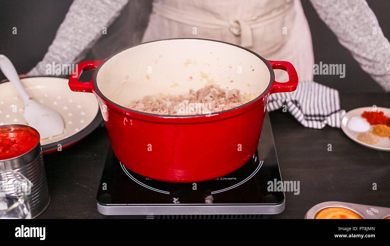 Step by step. Cooking turkey chili in enameled cast iron covered dutch ...