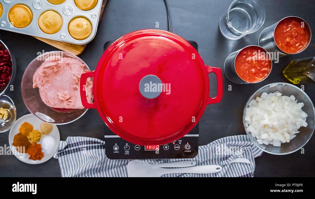 Step by step. Top view. Cooking turkey chili in enameled cast iron ...