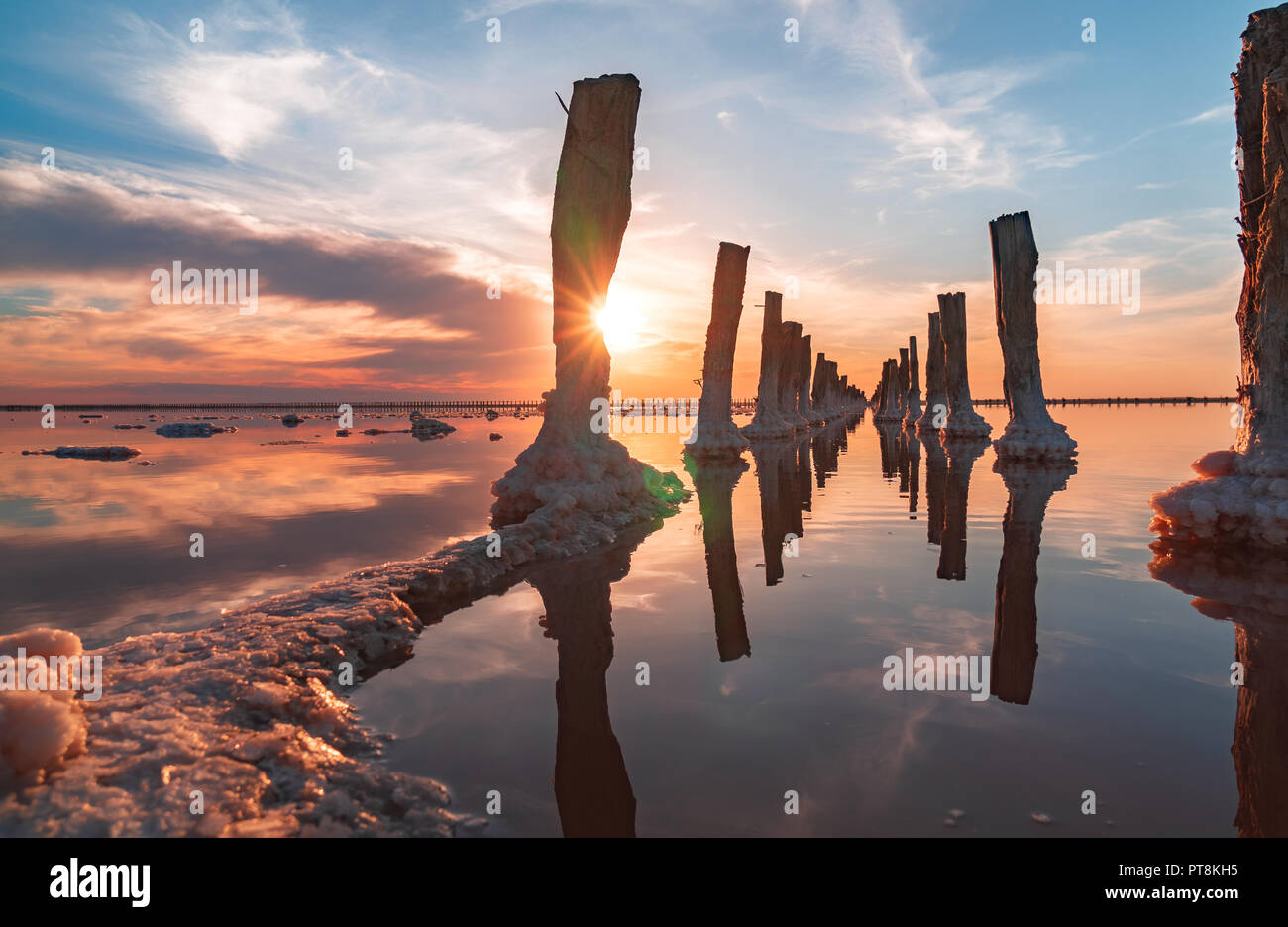 Salt sea water evaporation ponds with pink plankton colour Stock Photo ...