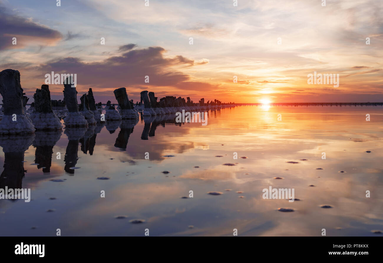 Salt sea water evaporation ponds with pink plankton colour Stock Photo ...