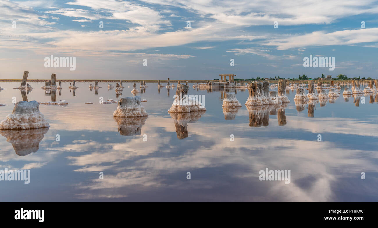 Salt sea water evaporation ponds with pink plankton colour Stock Photo ...