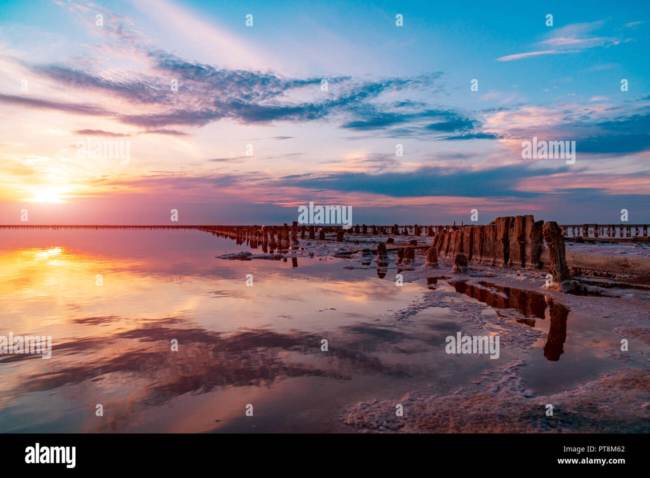 Salt sea water evaporation ponds with pink plankton colour Stock Photo ...