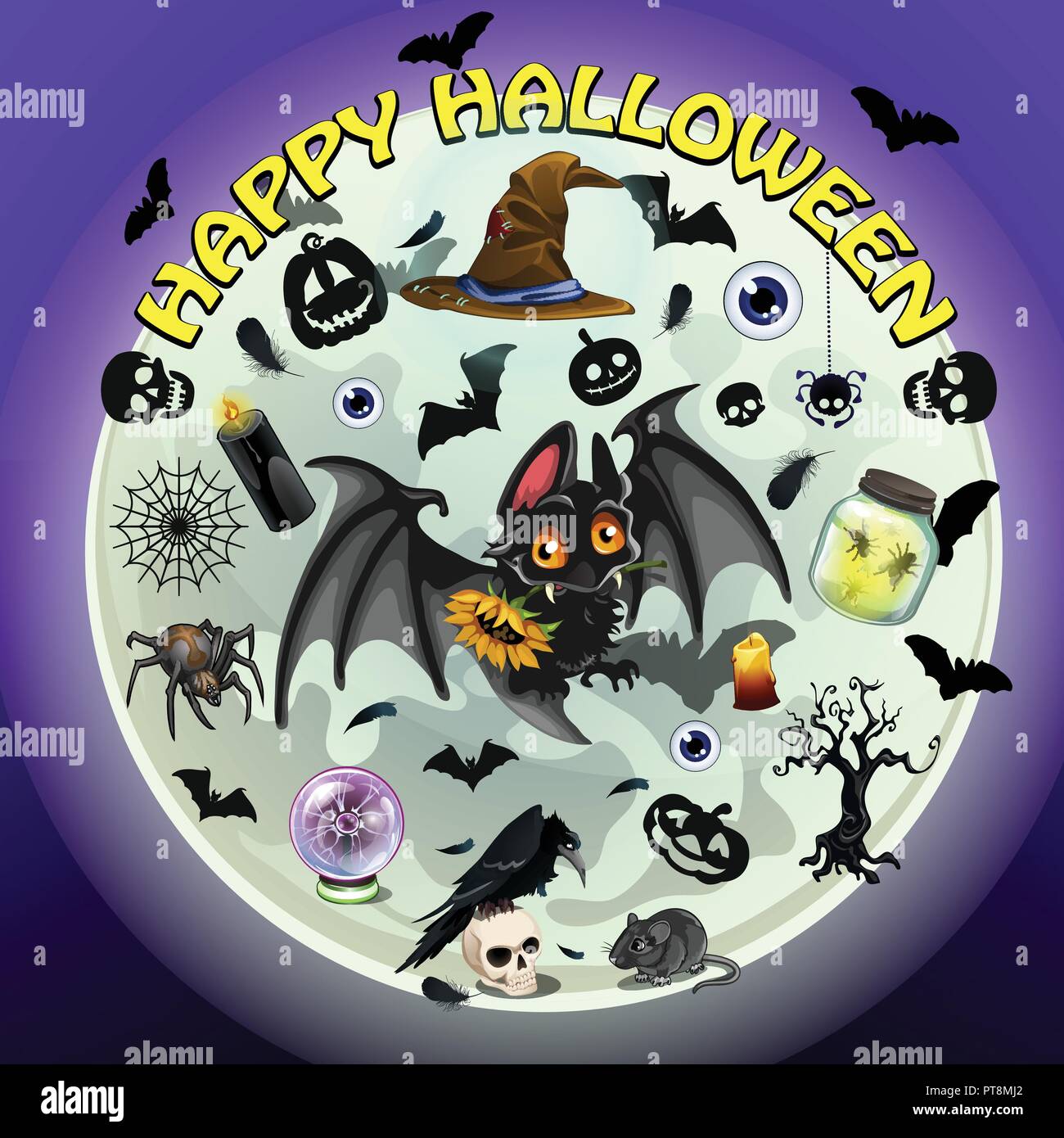 Poster on theme of the Halloween holiday party. Cute bat on background ...