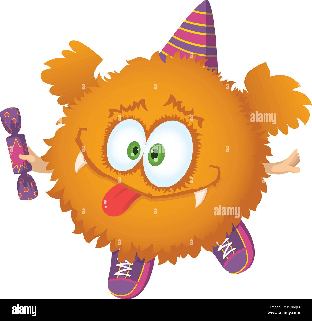 Cute red fluffy character with wings, sneakers, party cap and candy ...