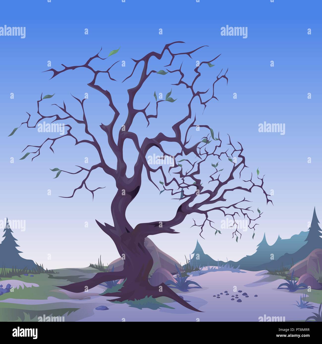 Dark withered tree in twilight. Sketch for greeting card, festive ...